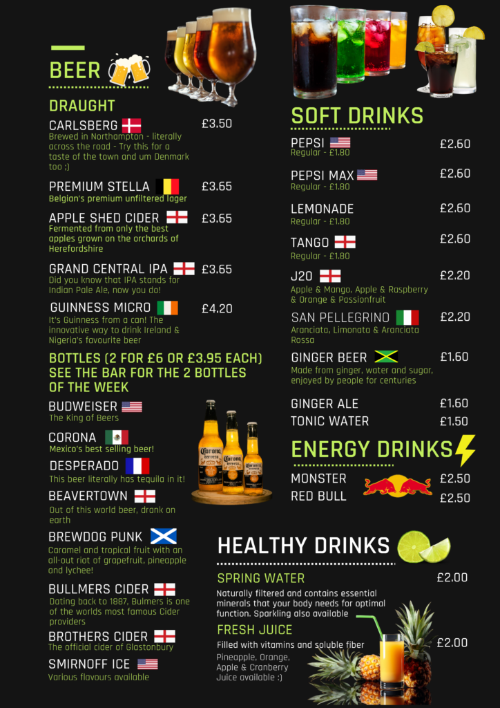 Drinks Menu - Waterside Bar & Restaurant | Northampton | Waterside Campus