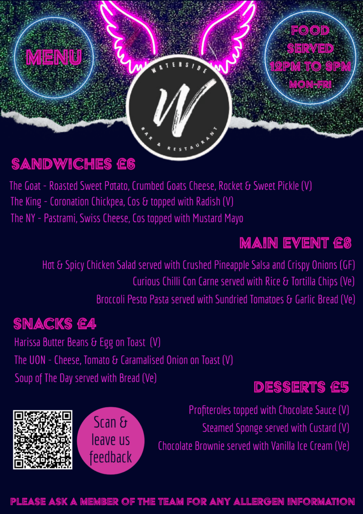 Menu - Waterside Bar & Restaurant | Northampton | Waterside Campus