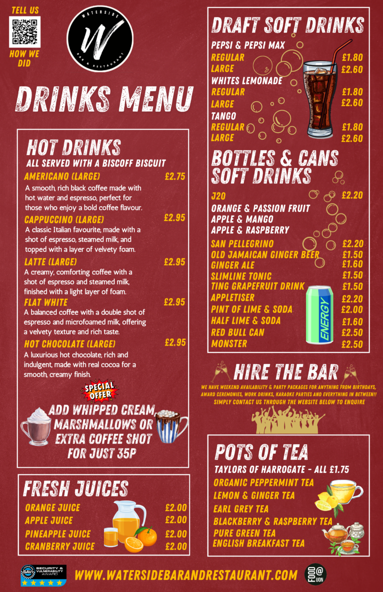 Drinks Menu - Waterside Bar & Restaurant | Northampton | Waterside Campus
