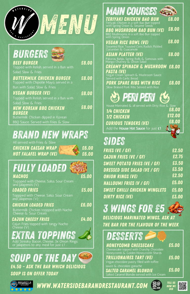 Food Menu - Waterside Bar & Restaurant | Northampton | Waterside Campus