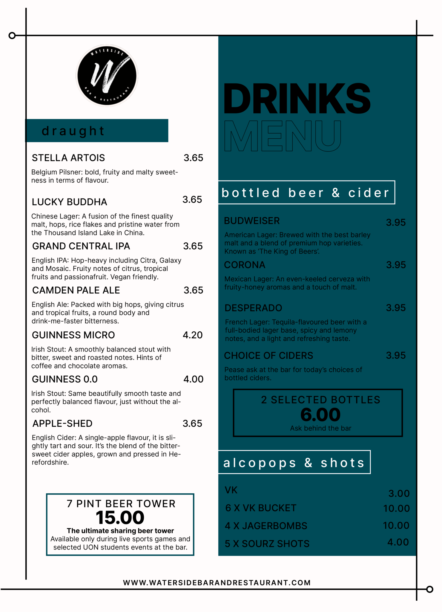 Drinks Menu - Waterside Bar & Restaurant | Northampton | Waterside Campus